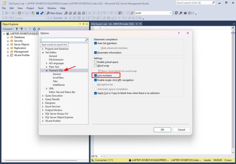 How to Enable Line Numbers in SQL Server Management Studio